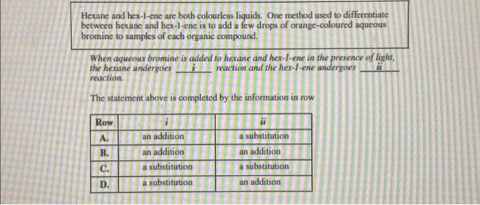 Solved Hexane and hex-I-ene are both colourless liquids. One | Chegg.com
