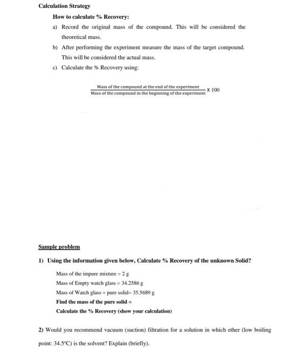 Solved Calculation Strategy How to calculate \% Recovery: a) | Chegg.com