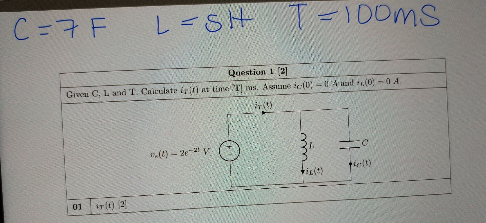 Solved C=7F,L=5H,T=100mSQuestion 1 [2]Given C, ﻿L and T. | Chegg.com