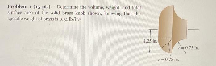 Solved Problem 1 ( 15 pt.) - Determine the volume, weight, | Chegg.com