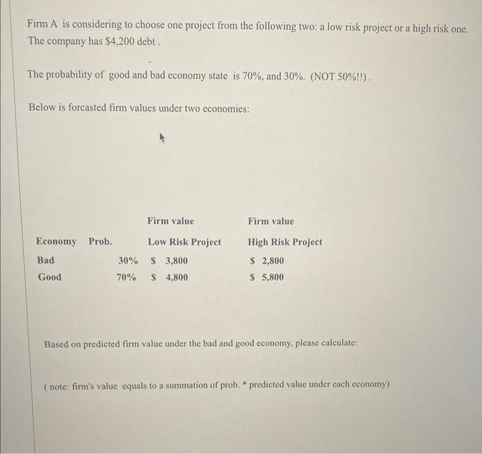 Solved Firm A is considering to choose one project from the | Chegg.com