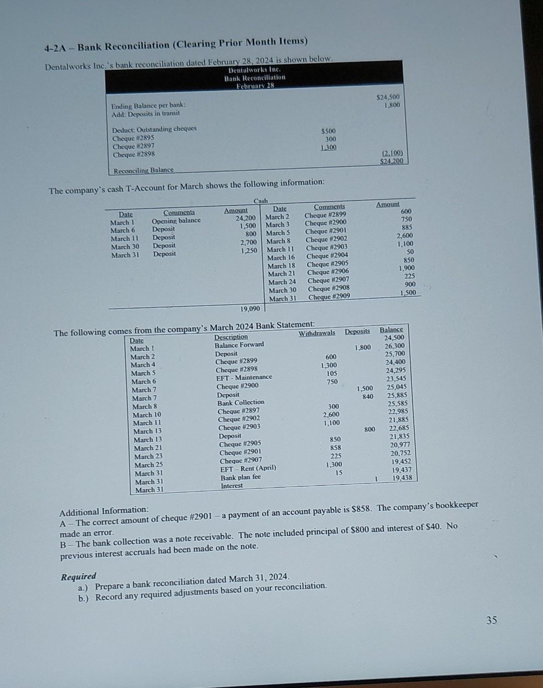 Solved 4-2A - Bank Reconciliation (Clearing Prior Month | Chegg.com