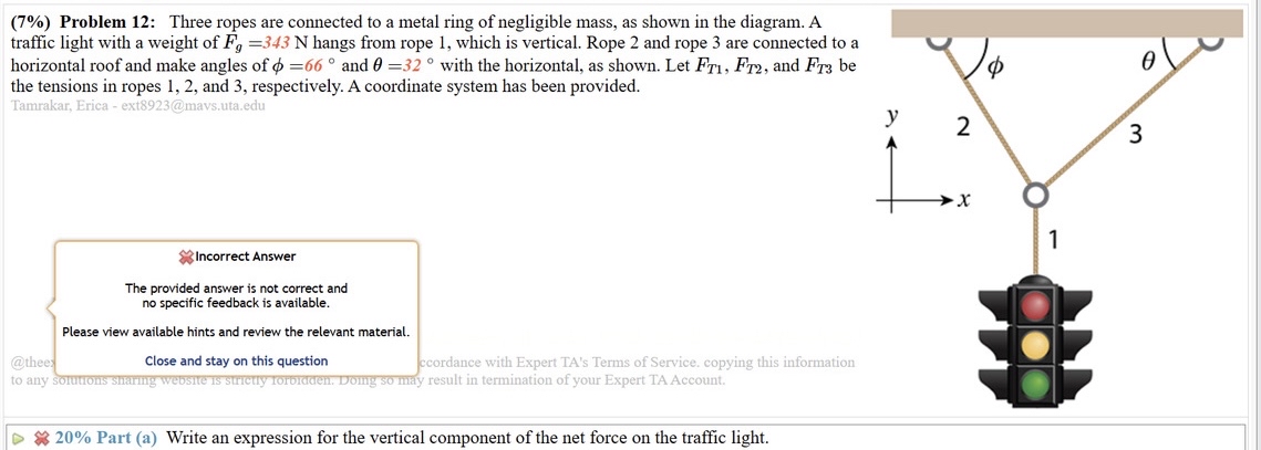 Solved (7%) ﻿Problem 12: Three ropes are connected to a | Chegg.com