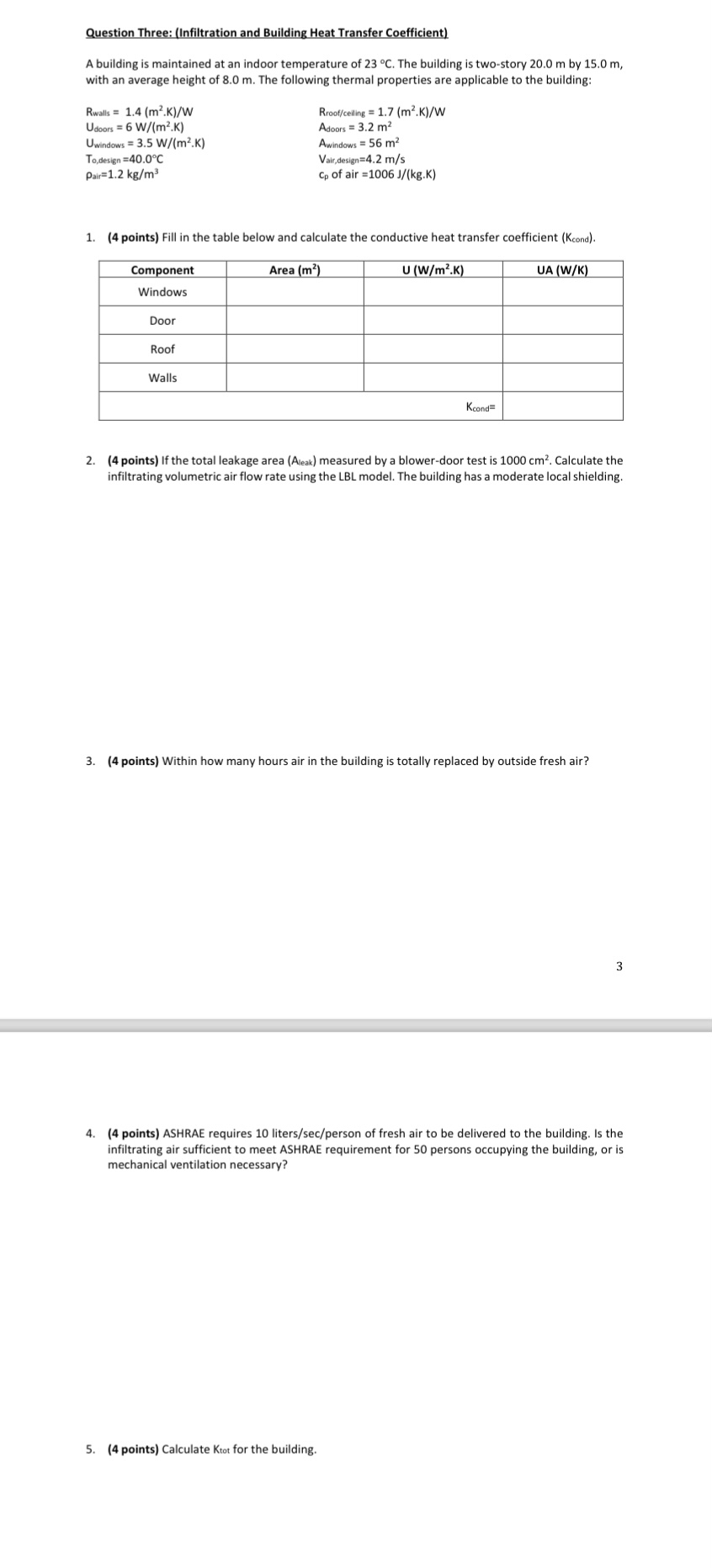 Solved Question Three: (Infiltration and Building Heat | Chegg.com