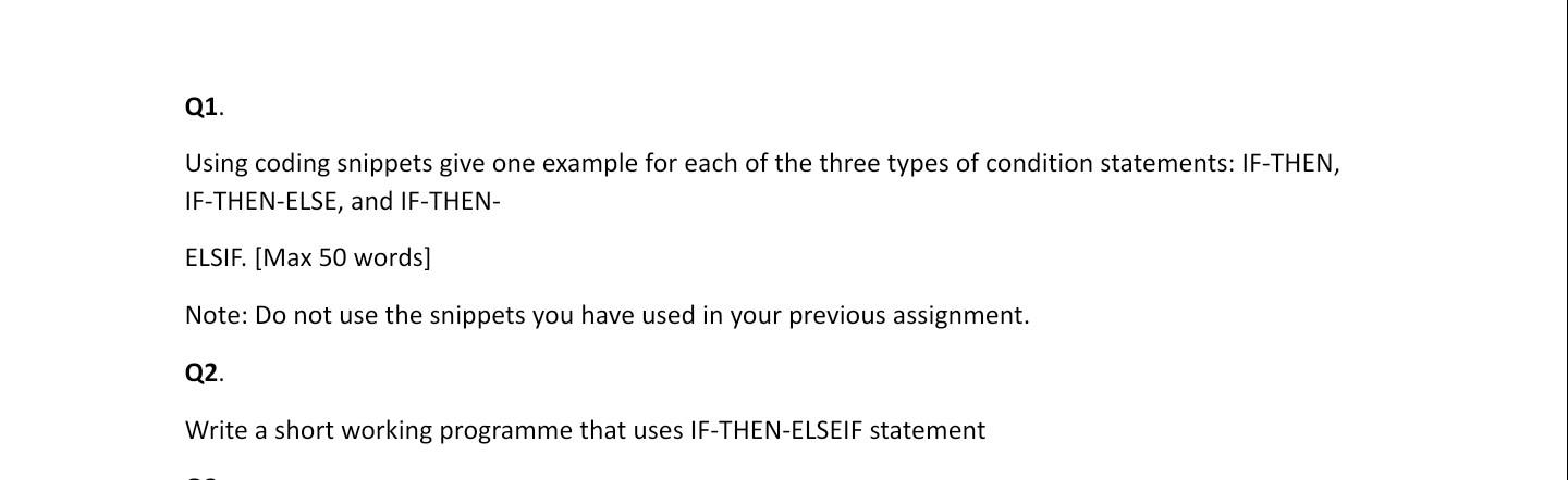 Solved Q1. Using coding snippets give one example for each | Chegg.com