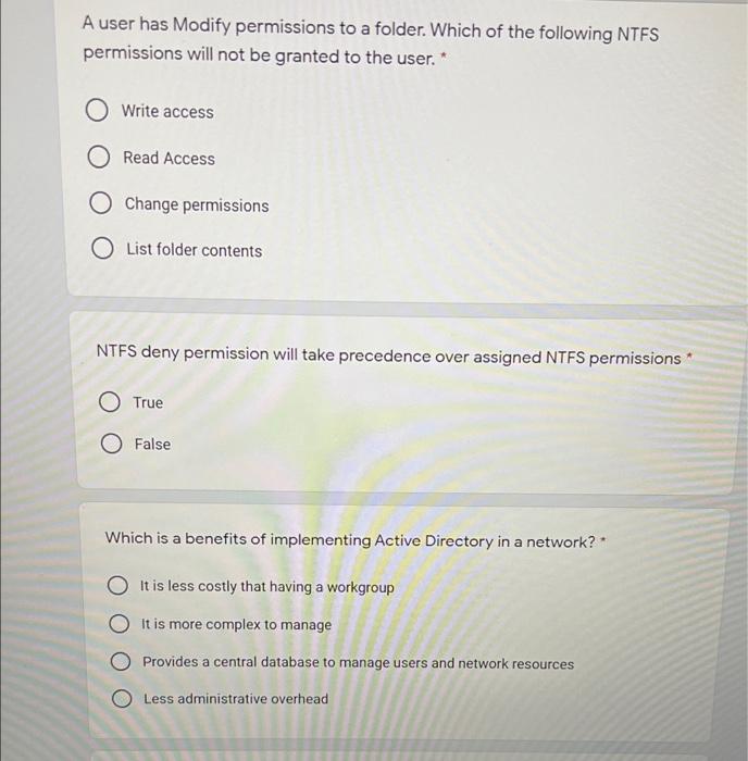 Solved A user has Modify permissions to a folder. Which of | Chegg.com