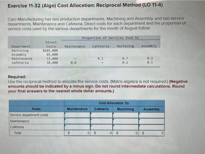 Solved Exercise 11-32 (Algo) Cost Allocation: Reciprocal | Chegg.com