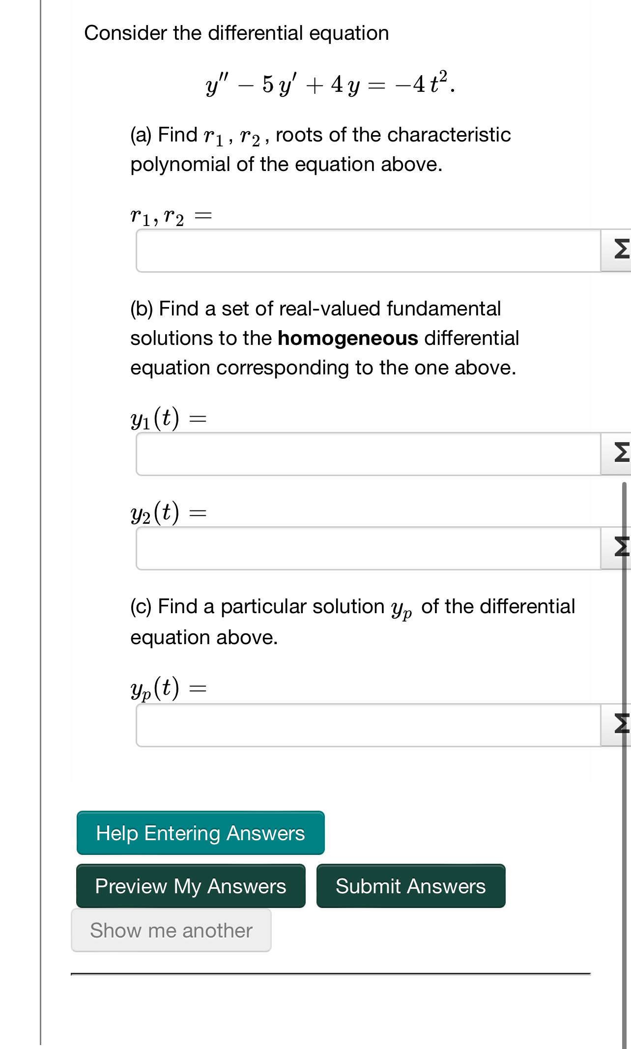 Solved Consider the differential equationy''-5y'+4y=-4t2.(a) | Chegg.com