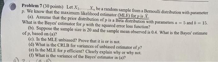 Solved a Problem 7 (30 points) Let X1,...,X, be a random | Chegg.com