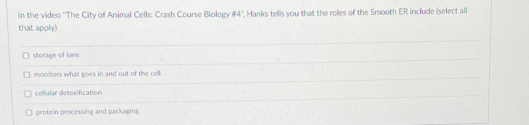 Solved In the video "The City of Animal Cells: Crash Course | Chegg.com