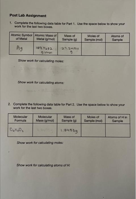 Solved Post Lab Assignment 1. Complete the following data | Chegg.com
