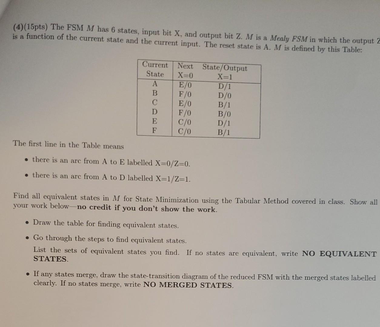 Solved (4) (15pts) The FSM M has 6 states, input bit X, and | Chegg.com