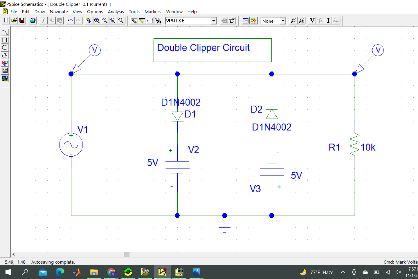 Solved - PSpice Schematics - [ Double Clipper p.1 (current) | Chegg.com