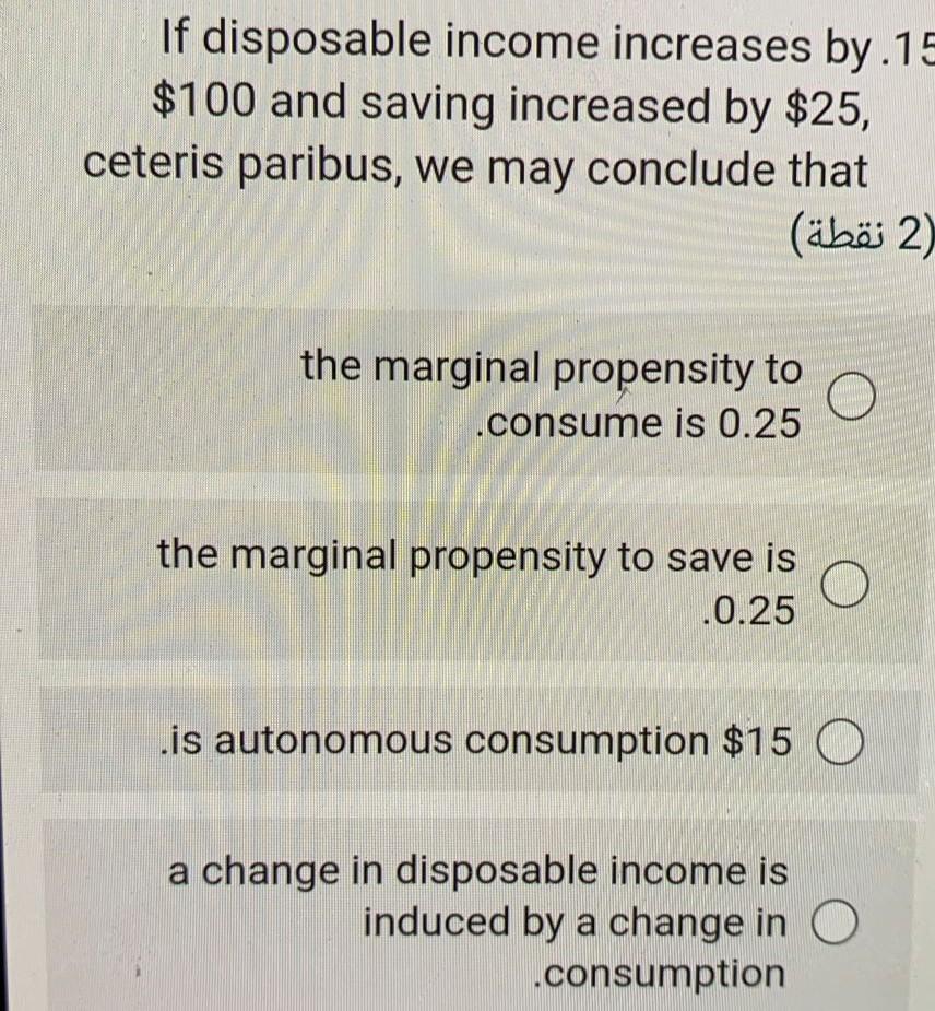 Solved If disposable income increases by.15 $100 and saving | Chegg.com