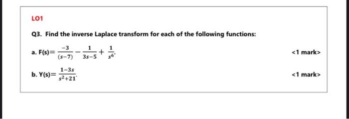 Solved L01 Q3. Find the inverse Laplace transform for each | Chegg.com