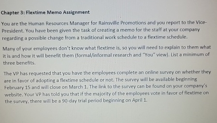 Solved Chapter 3: Flextime Memo AssignmentYou are the Human | Chegg.com