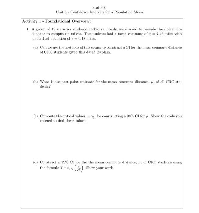 Solved Unit 3 - Confidence Intervals for a Population Mean | Chegg.com