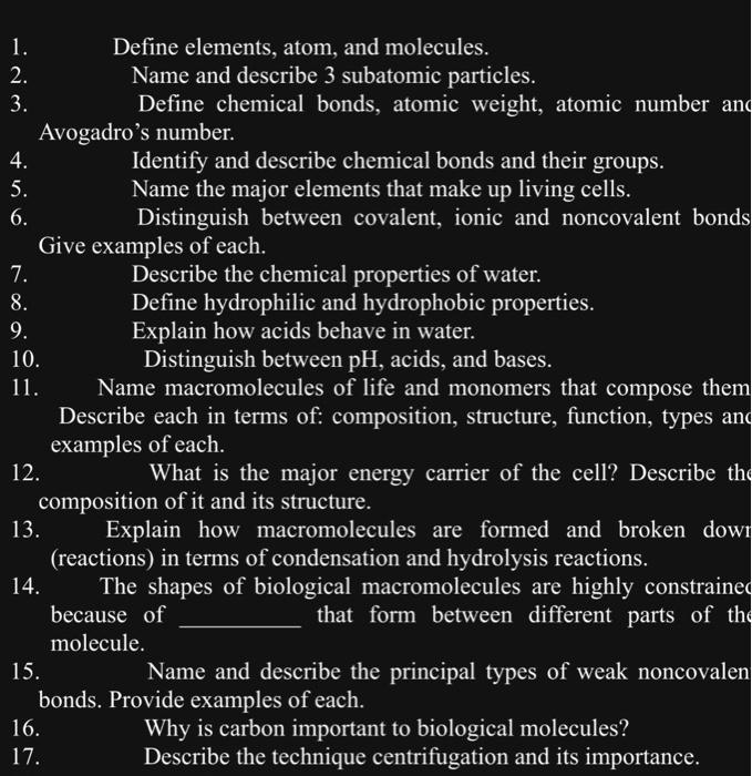 Solved 1. Define elements, atom, and molecules. 2. Name and | Chegg.com