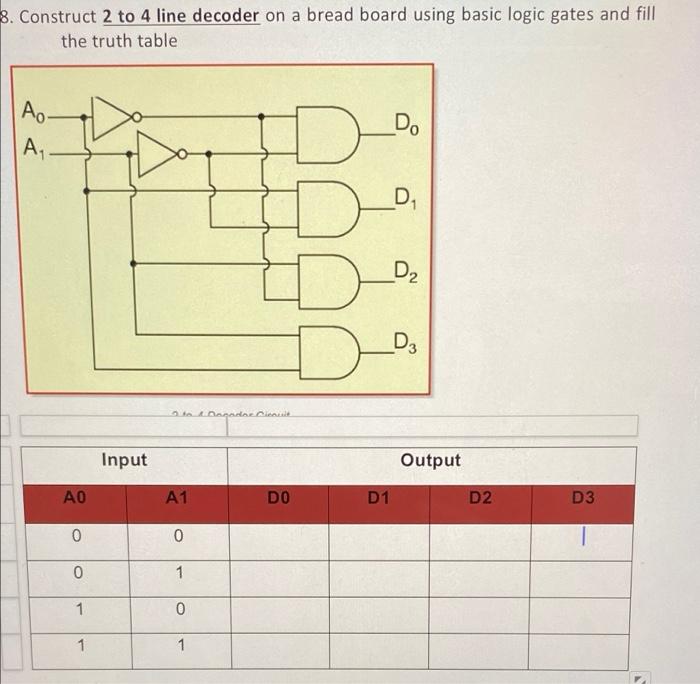 Solved 8. Construct 2 to 4 line decoder on a bread board | Chegg.com