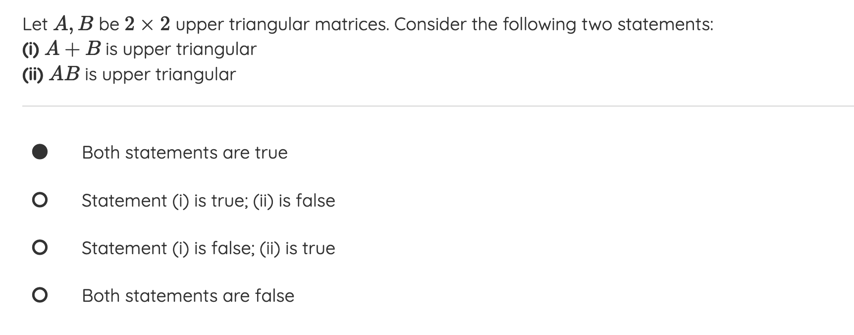 Solved Let A,B ﻿be 2×2 ﻿upper triangular matrices. Consider | Chegg.com