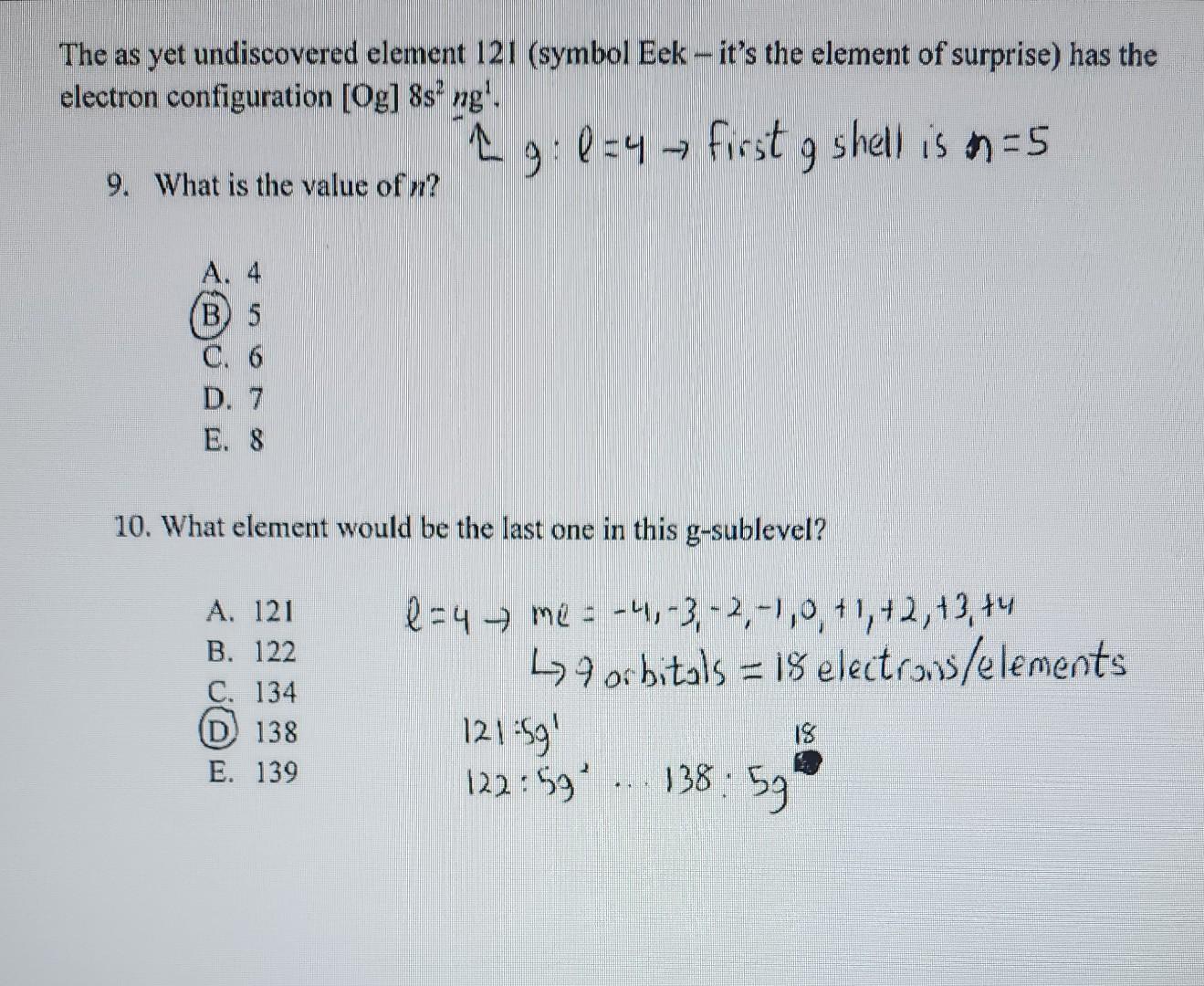 Solved The as yet undiscovered element 121 (symbol Eek - | Chegg.com