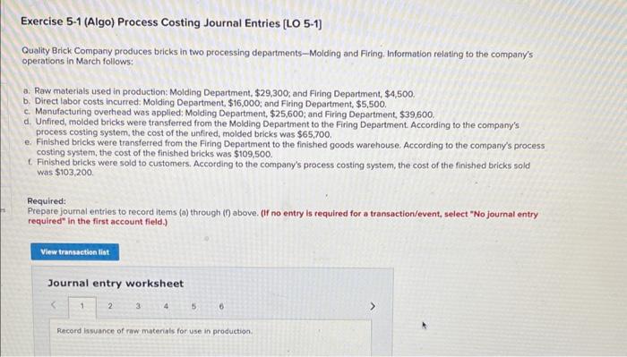 Solved Exercise 5-1 (Algo) Process Costing Journal Entries | Chegg.com