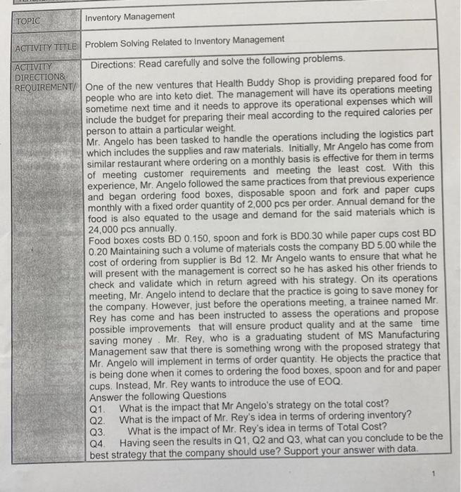 Solved Problem Solving Related to Inventory Management | Chegg.com