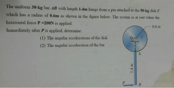 Solved The uniform 30 -kg bar AB with length 1.4 m hangs | Chegg.com
