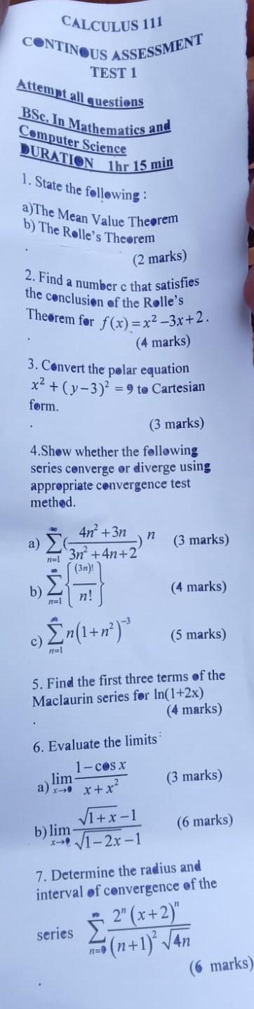 Solved CALCULUS 111 CONTINOUS ASSESSMENT TEST 1 Attempt all | Chegg.com