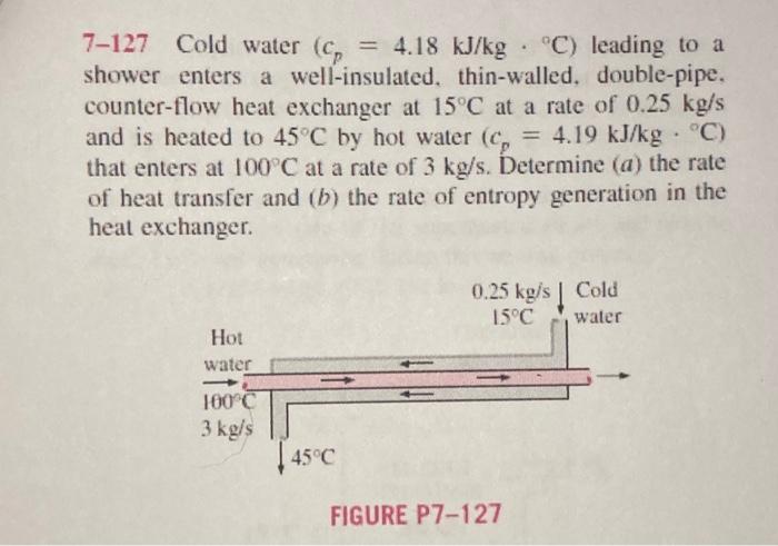 Solved 7-127 Cold water (cp=4.18 kJ/kg⋅∘C) leading to a | Chegg.com