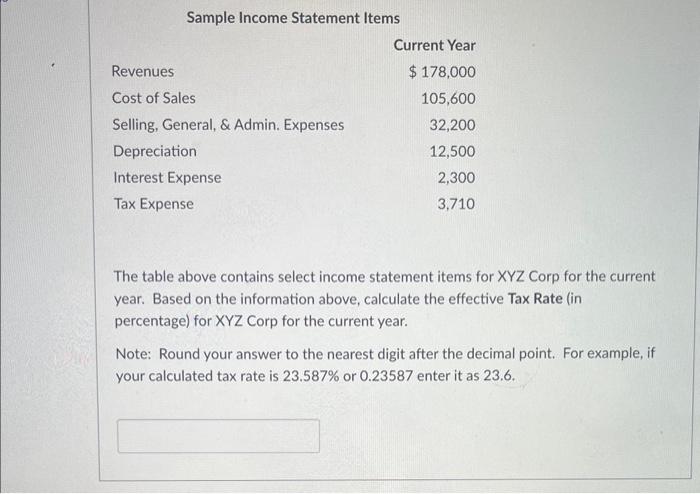 Solved Sample Income Statement Items The table above | Chegg.com