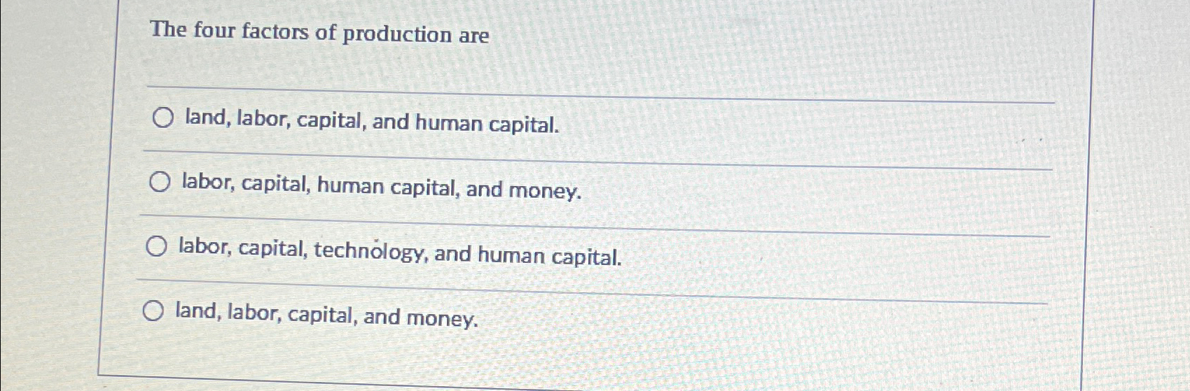 Solved The four factors of production areland, labor, | Chegg.com