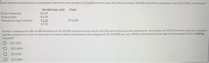 Solved lota Company manufactures a component used in its | Chegg.com