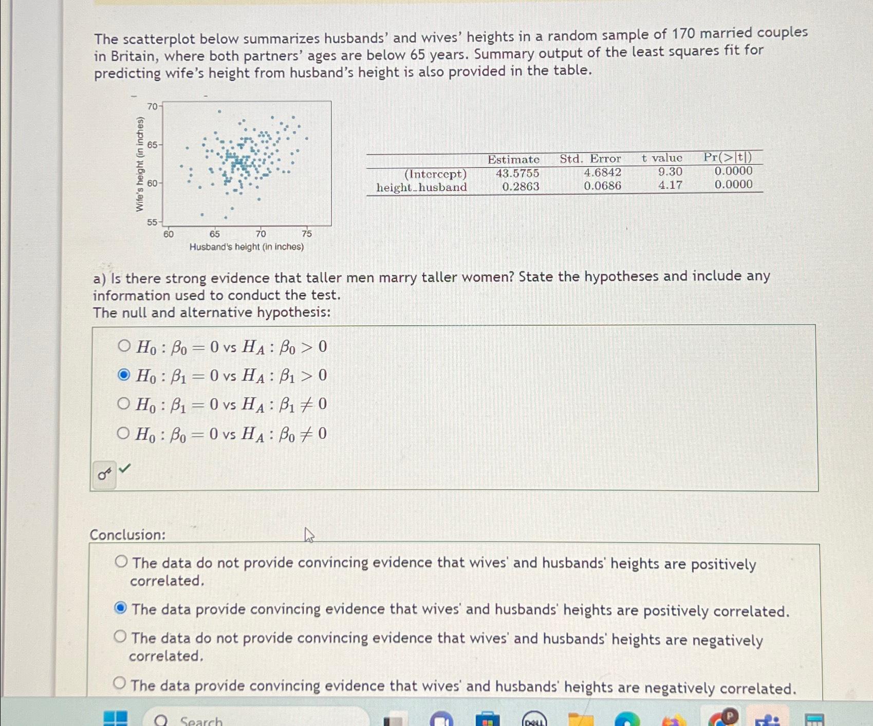 Solved The scatterplot below summarizes husbands' and wives' | Chegg.com