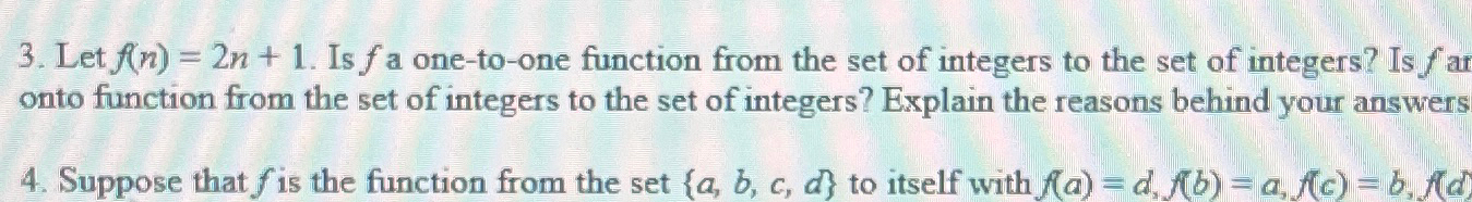 Solved Let f(n)=2n+1. ﻿Is f ﻿a one-to-one function from the | Chegg.com