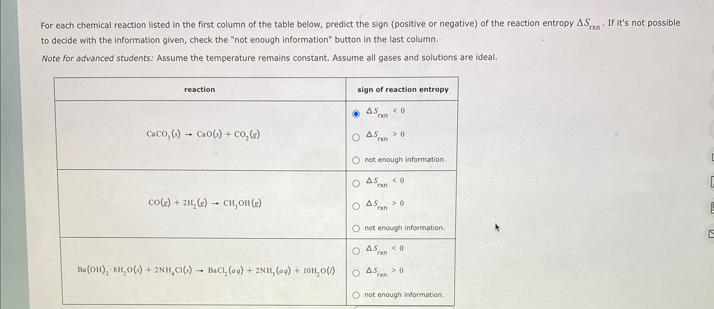 Solved For each chemical reaction listed in the first column | Chegg.com