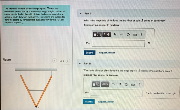 Solved - Part 6 Two identical, uniform beams weighing 260 N | Chegg.com