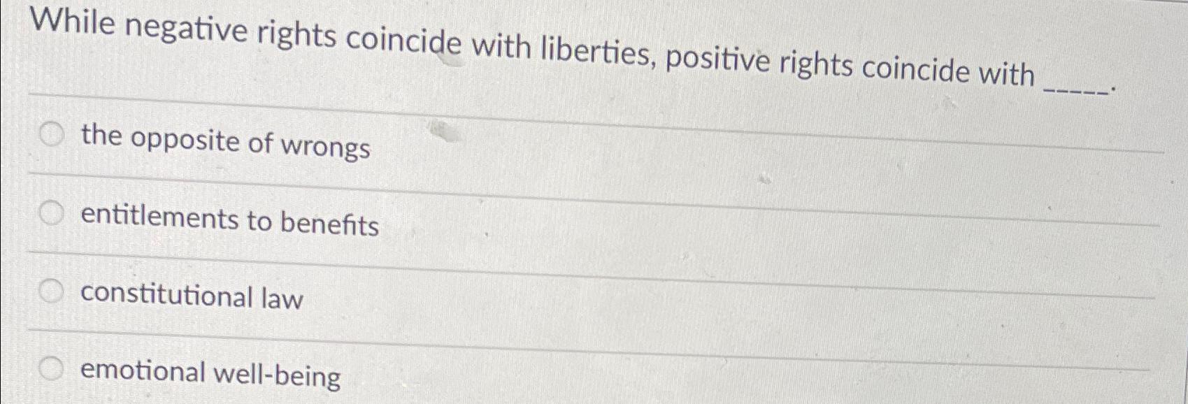 Solved While negative rights coincide with liberties, | Chegg.com