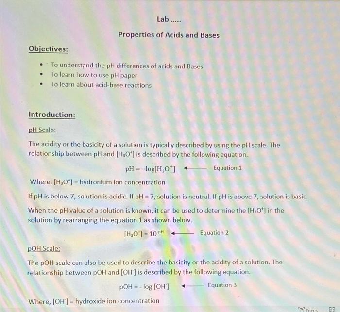 Solved Objectives: Lab..... Properties of Acids and Bases | Chegg.com