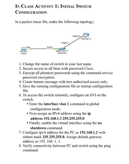 In Class Activity 1: Initial Switch Configuration In | Chegg.com