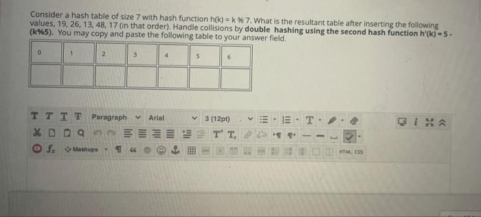 Solved Consider a hash table of size 7 with hash function () | Chegg.com