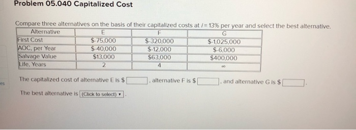 Solved Problem 05.040 Capitalized Cost Compare three | Chegg.com