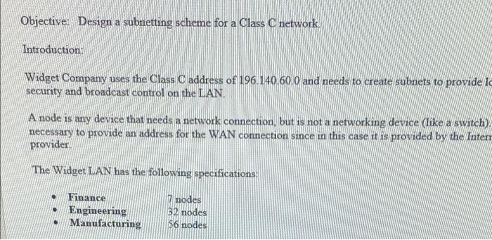 Solved Objective: Design a subnetting scheme for a Class C | Chegg.com