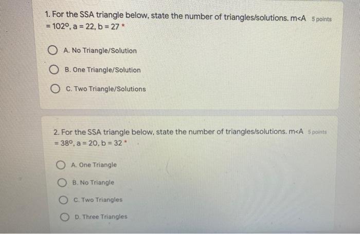 Solved 1. For the SSA triangle below, state the number of | Chegg.com