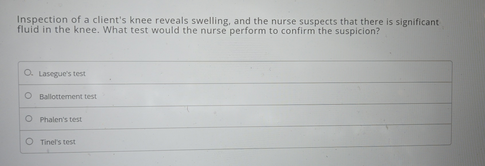 Solved Inspection of a client's knee reveals swelling, and | Chegg.com