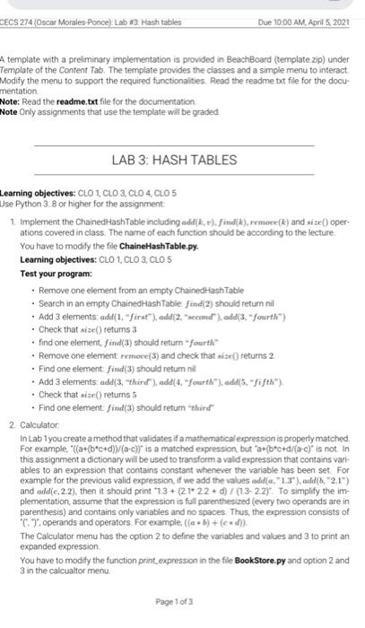 SECS 274 (Oscar Morales Ponce). Lab 3: Hash tables | Chegg.com