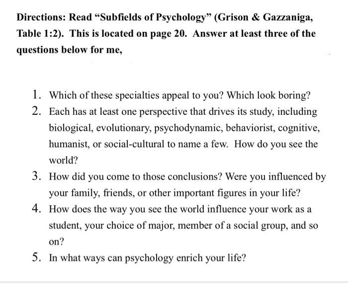 TABLE 1.2 Subfields of Psychology Subfield Focus | Chegg.com