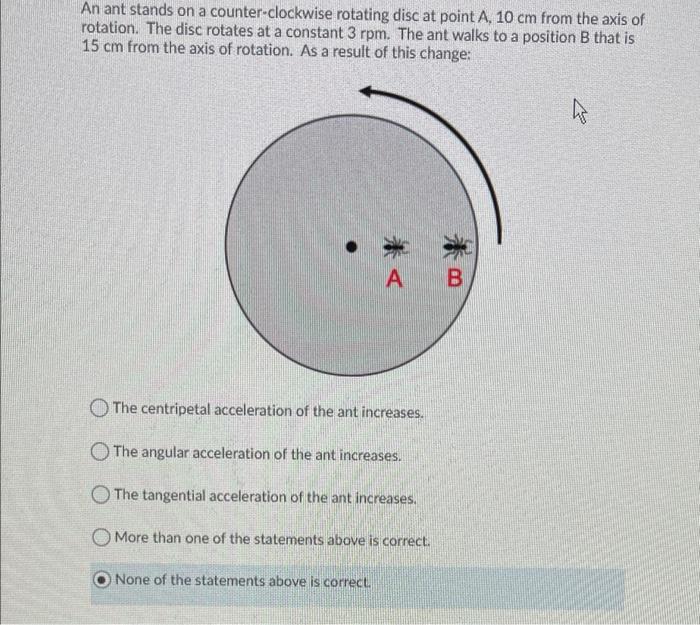 Solved An ant stands on a counter-clockwise rotating disc at | Chegg.com