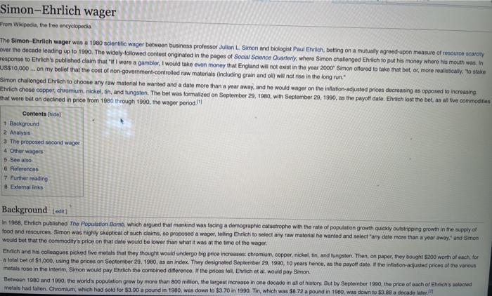 Solved read the article "Simon-Ehrlich Wager" in Wikipedia | Chegg.com