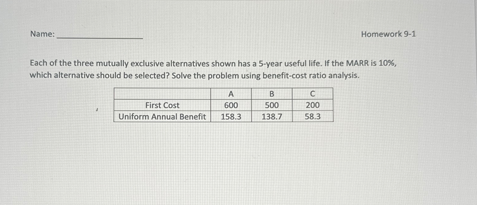 Solved Name:Homework 9-1Each of the three mutually exclusive | Chegg.com